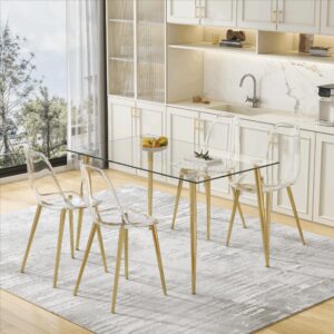 51 inch glass dining table set for 4, dining table & chair sets with gold plating legs for kitchen, modern rectangle tempered glass table top and transparent plastic dining chair for dining room