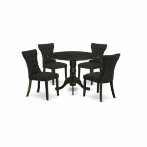 east west furniture dlga5-blk-24 5 piece kitchen table set for 4 includes a round dining room table with dropleaf and 4 black linen fabric upholstered chairs, 42x42 inch, black