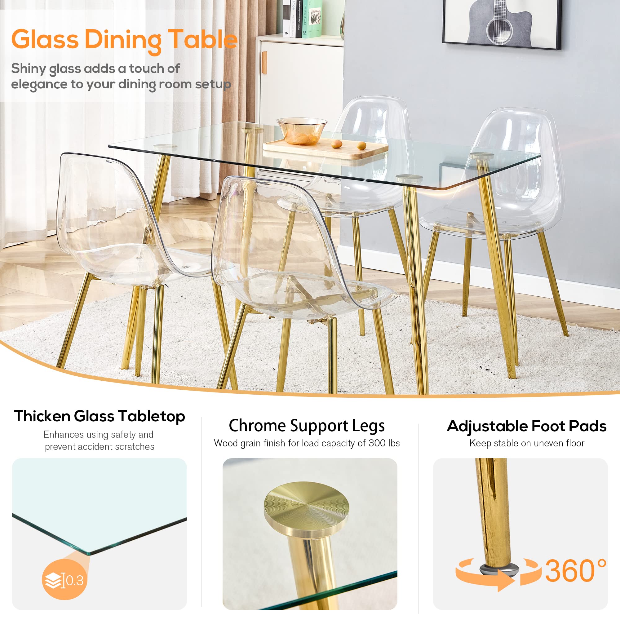 Ufurpie 5 Piece Glass Dining Table Set,51" Kitchen Table and Chairs for 4,Clear Dining Room Table Sets w/Gold Chrome Legs,Modern Dining Room Sets for Home, Kitchen, Dining Room(Gold)