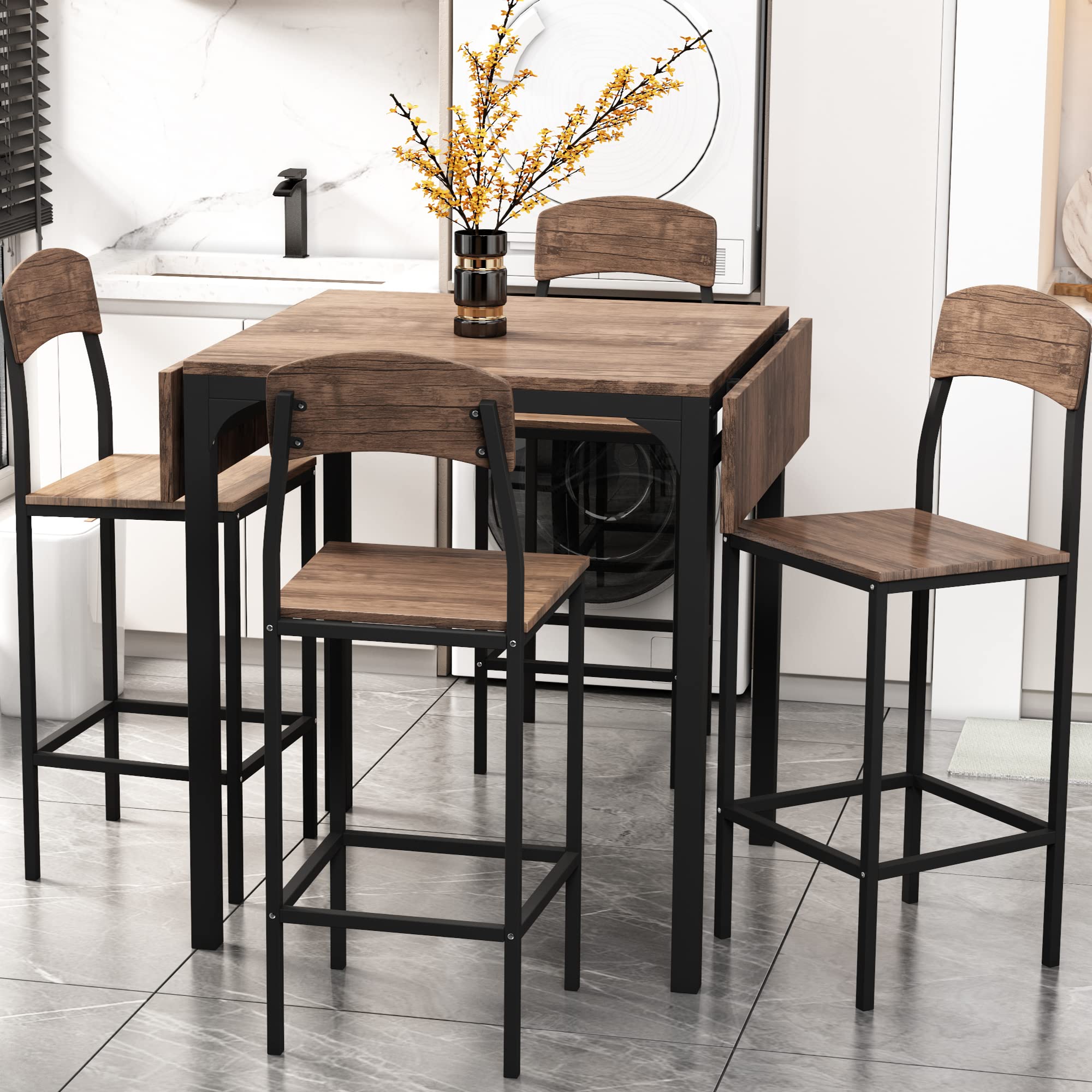 VilroCaz 5-Piece Counter Height Dining Table Set Bar Table Set, Farmhouse Drop Leaf Dining Table, 4 Counter Height Comfort Dining Chairs with Footrest, Space Saving Design (Black Frame)