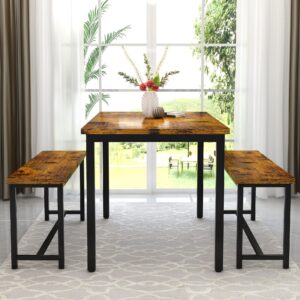 AWQM Dining Room Table Set, Kitchen Table Set with 2 Benches, Ideal for Home, Kitchen and Dining Room, Breakfast Table of 47.2x28.7x28.7 inches, Benches of 41.3x11.8x17.7 inches, Industrial Brown