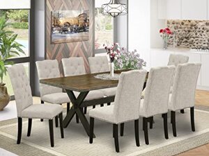 east west furniture x677el635-9 9-piece dining set - dinner table rectangular top - 8 beautiful dining chairs padded seat and back (distressed espresso & wire brushed black finish)