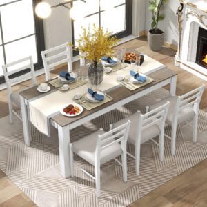 p purlove 7 pieces dining table set, wood rectangular kitchen table and 6 cushion dining chairs, mutifunctional extendable table with 12" leaf and 2 drawers for 6 person (brown and white)