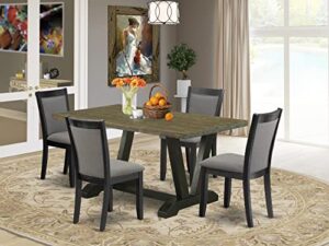 east west furniture v-style 5 piece room set includes a rectangle dining table with v-legs and 4 dark gotham grey linen fabric upholstered chairs, 36x60 inch, v676mz650-5