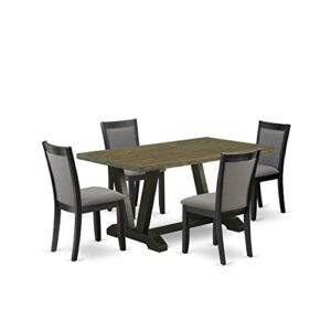 East West Furniture V-Style 5 Piece Room Set Includes a Rectangle Dining Table with V-Legs and 4 Dark Gotham Grey Linen Fabric Upholstered Chairs, 36x60 Inch, V676MZ650-5