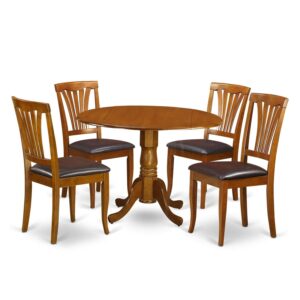 east west furniture dlav5-sbr-lc 5 piece dining room table set includes a round kitchen table with dropleaf and 4 faux leather upholstered dining chairs, 42x42 inch, saddle brown