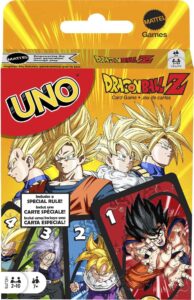 mattel games uno dragon ball z card game for family night featuring tv show themed graphics and a special rule for 2-10 players