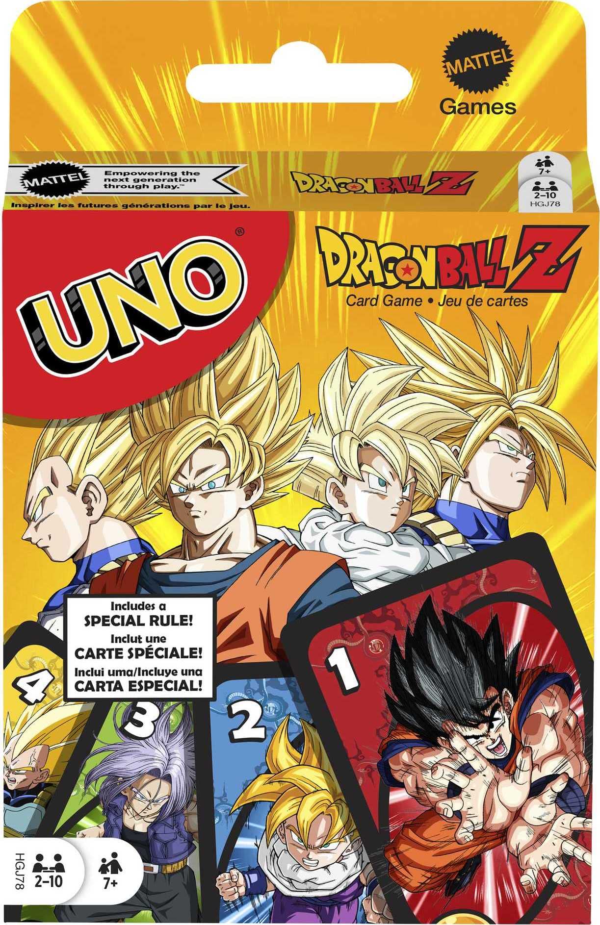 Mattel Games UNO Dragon Ball Z Card Game for Family Night Featuring TV Show Themed Graphics and a Special Rule for 2-10 Players