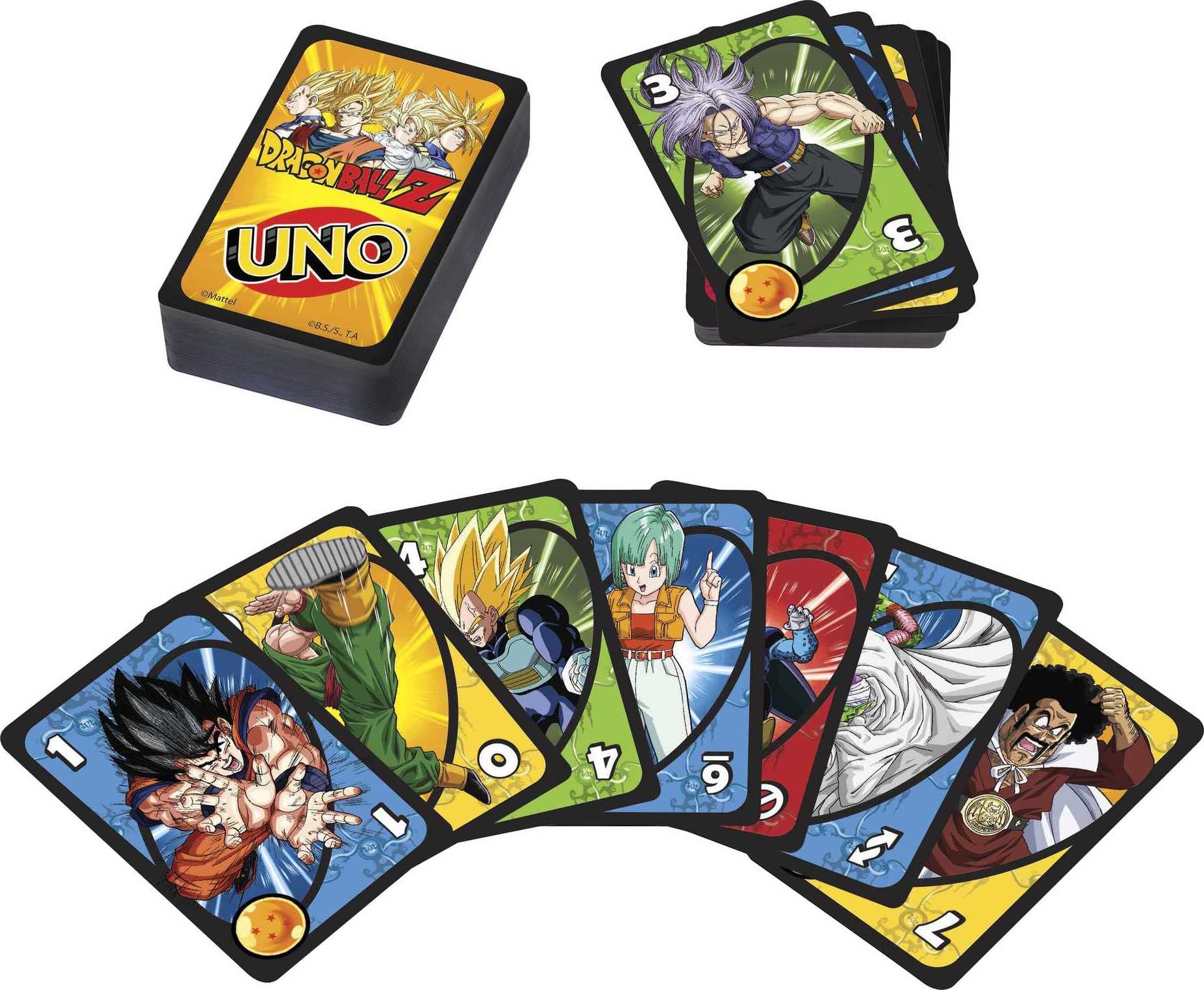 Mattel Games UNO Dragon Ball Z Card Game for Family Night Featuring TV Show Themed Graphics and a Special Rule for 2-10 Players