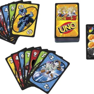 Mattel Games UNO Dragon Ball Z Card Game for Family Night Featuring TV Show Themed Graphics and a Special Rule for 2-10 Players