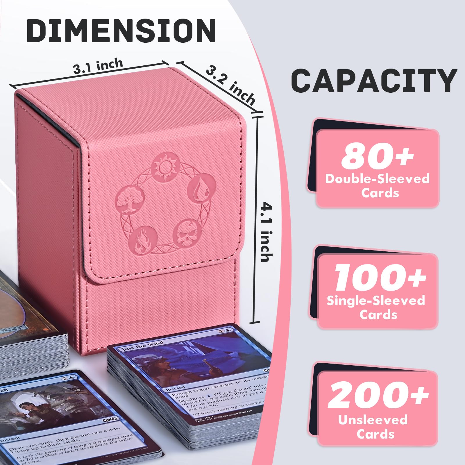 ZLCA Card Deck Box for Trading Cards with 2 Dividers, Card Storage Box Fits 100+ Single Sleeved Cards, PU Leather Strong Magnet Card Deck Case Holder for Magic Commander TCG CCG (Pink)