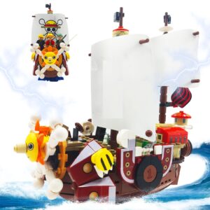 jesgo one piece anime thousand sunny ship building kit, featuring 9 main action figures with led light not compatible with lego, one piece merch pirate boat blocks ideal gift for kid, adult(432 pcs)