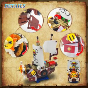 JESGO One Piece Anime Thousand Sunny Ship Building Kit, Featuring 9 Main Action Figures with LED Light Not Compatible with lego, One Piece Merch Pirate Boat Blocks Ideal Gift for Kid, Adult(432 PCS)