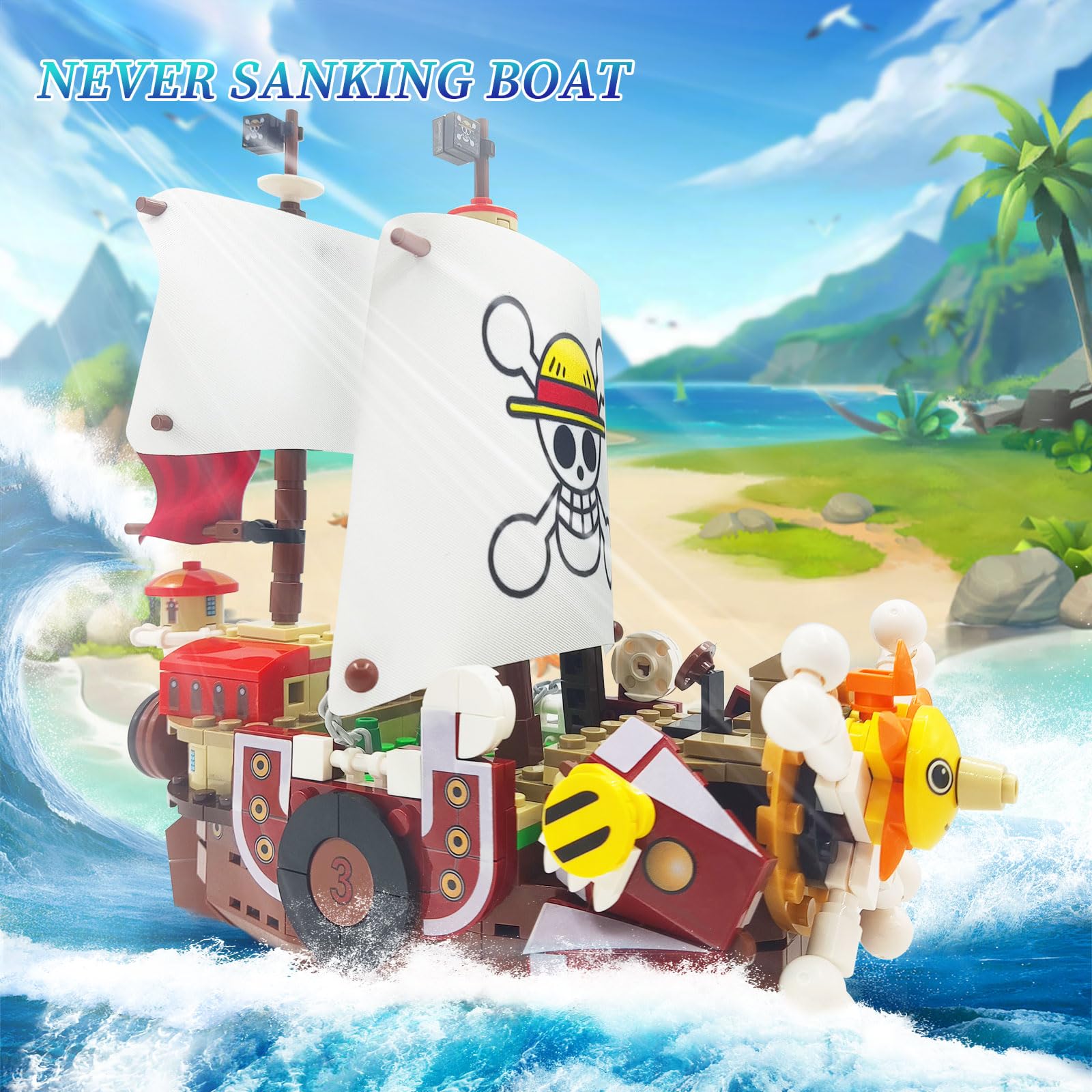 JESGO One Piece Anime Thousand Sunny Ship Building Kit, Featuring 9 Main Action Figures with LED Light Not Compatible with lego, One Piece Merch Pirate Boat Blocks Ideal Gift for Kid, Adult(432 PCS)