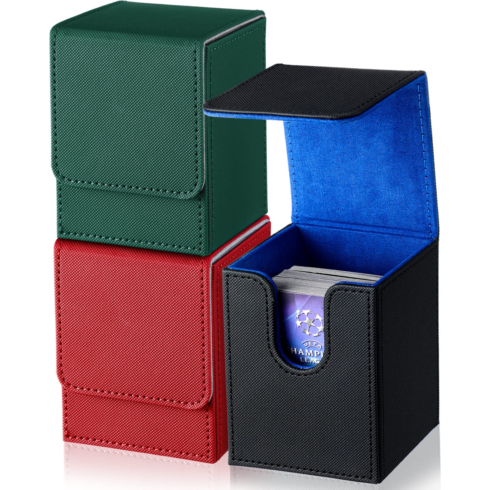 Weewooday 3 Pieces Leather Deck Card Boxes Cards Deck Game Box for 100 Plus Cards Compatible with MTG (Black Blue, Red, Green, Vertical)