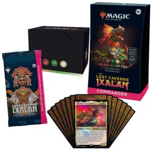 magic: the gathering the lost caverns of ixalan commander deck - veloci-ramp-tor (100-card deck, 2-card collector booster sample pack + accessories)