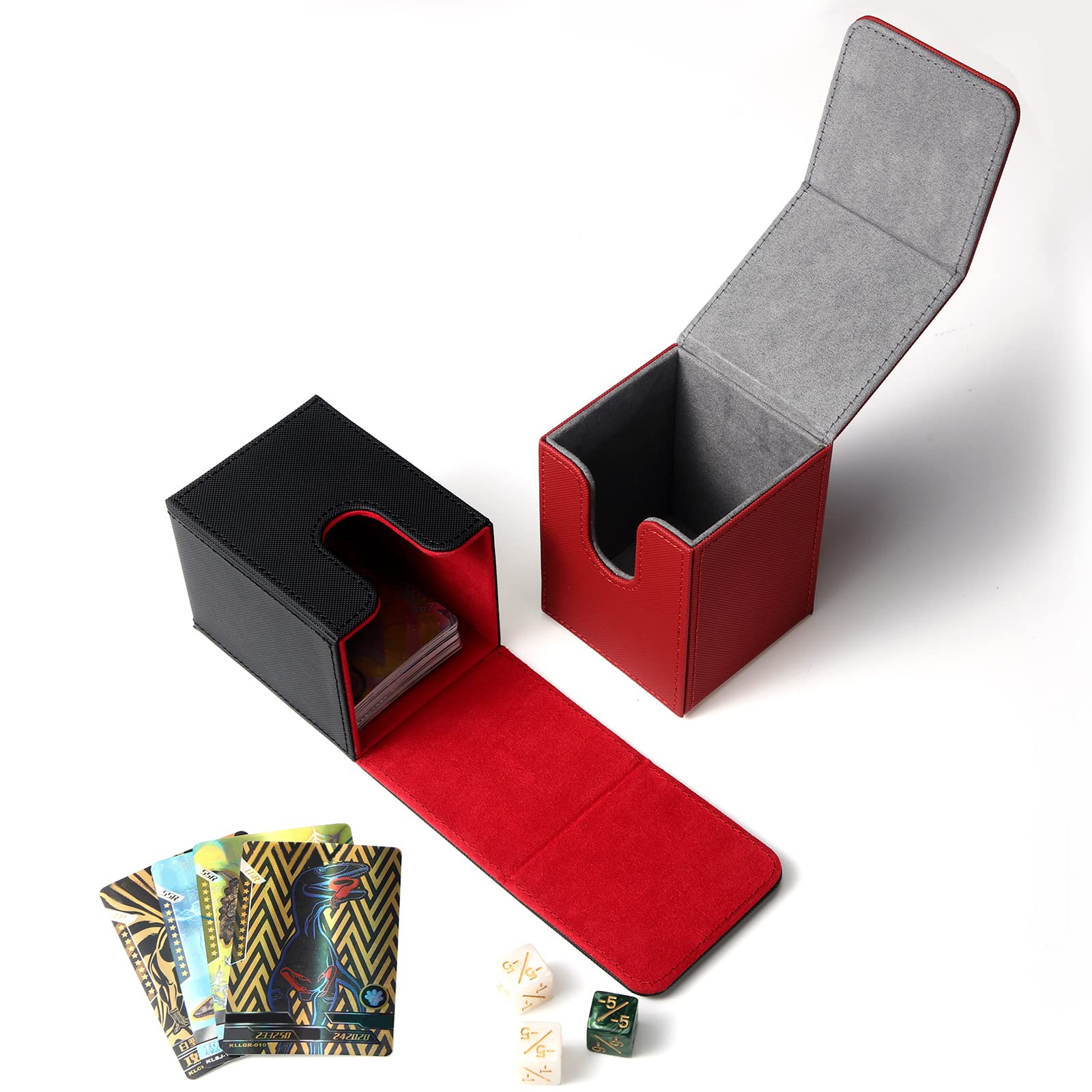 Weewooday 2 Boxes Leather Deck Card Boxes Large Size Fit 100 Plus Sleeved Cards Deck Game Box for Collectible Cards Deck Playing Card Box Compatible with MTG TCG(Black Red, Red, Vertical)