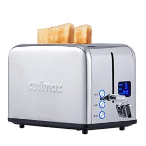 toaster 2 slice, cusimax stainless steel toaster with large led display, bread toaster 1.5'' extra-wide slots with 6 browning settings, cancel/bagel/defrost function, removable crumb tray, silver