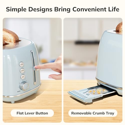 2 Slice Toaster Retro Stainless Steel Toaster with Bagel, Cancel, Defrost Function and 6 Bread Shade Settings Bread Toaster, Extra Wide Slot and Removable Crumb Tray, Blue