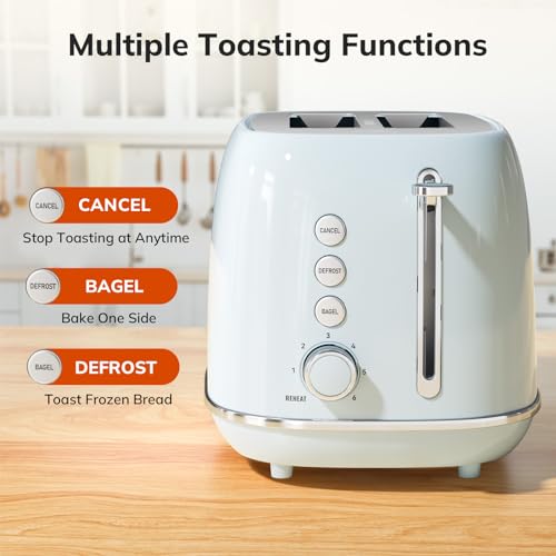 2 Slice Toaster Retro Stainless Steel Toaster with Bagel, Cancel, Defrost Function and 6 Bread Shade Settings Bread Toaster, Extra Wide Slot and Removable Crumb Tray, Blue