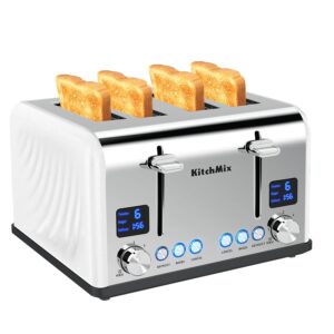 toaster 4 slice, kitchmix bagel stainless toaster with lcd timer, extra wide slots, dual screen, removal crumb tray (white)