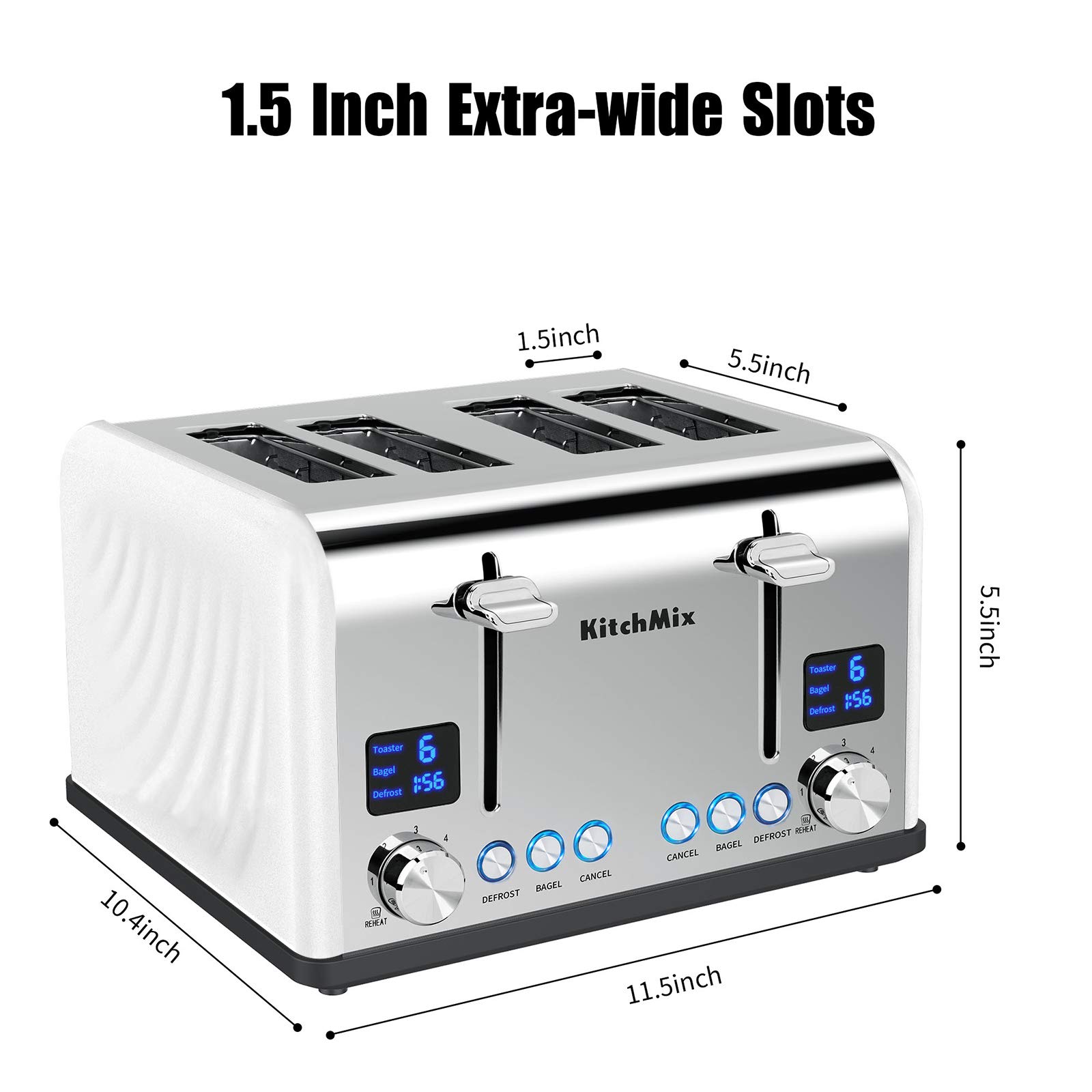 Toaster 4 Slice, KitchMix Bagel Stainless Toaster with LCD Timer, Extra Wide Slots, Dual Screen, Removal Crumb Tray (White)