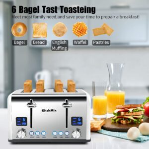 Toaster 4 Slice, KitchMix Bagel Stainless Toaster with LCD Timer, Extra Wide Slots, Dual Screen, Removal Crumb Tray (White)