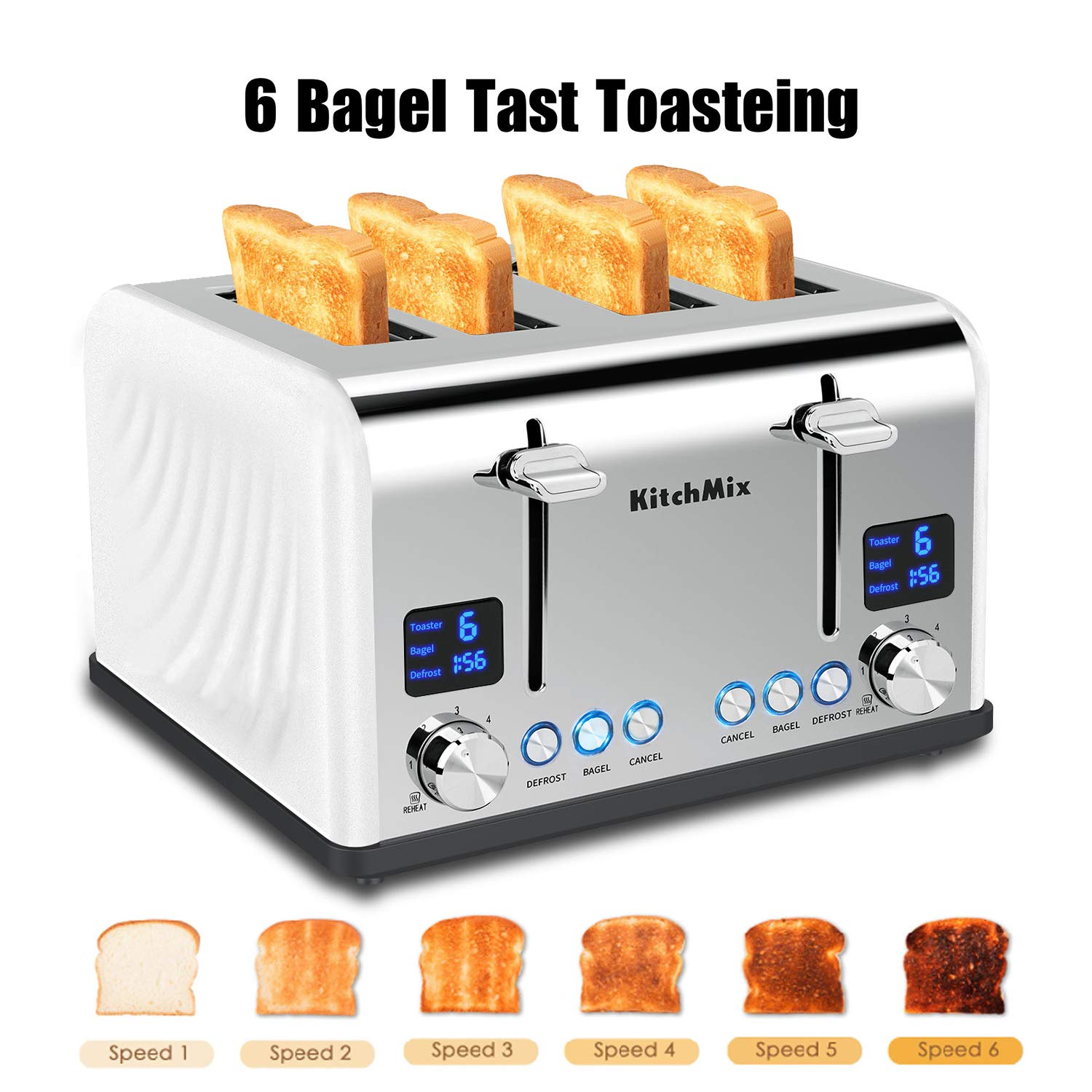 Toaster 4 Slice, KitchMix Bagel Stainless Toaster with LCD Timer, Extra Wide Slots, Dual Screen, Removal Crumb Tray (White)