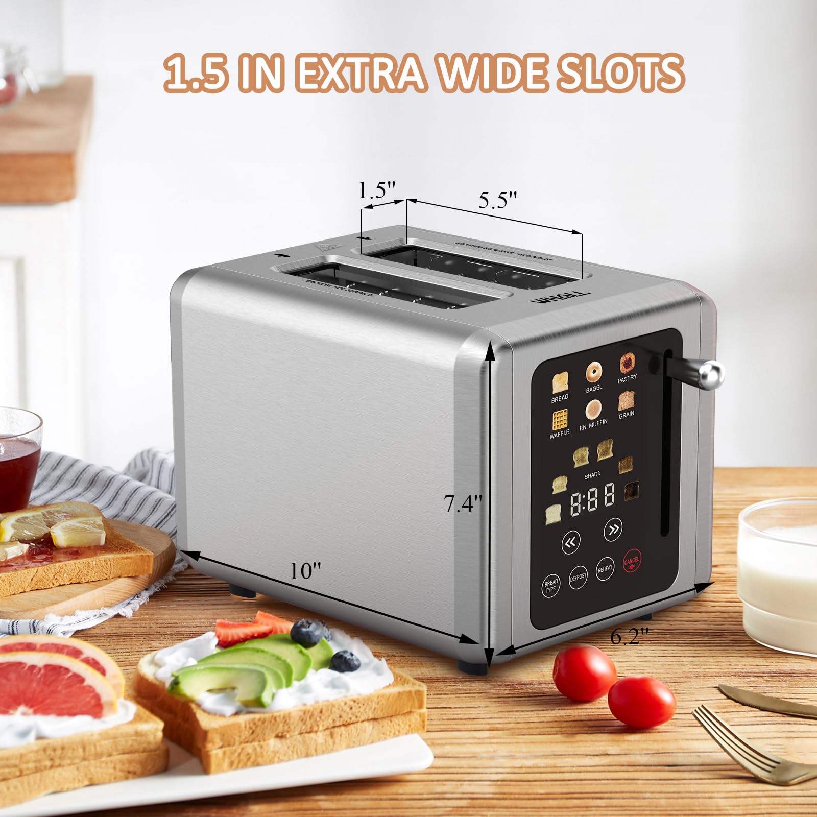 WHALL Touch Screen Toaster 2 Slice, Stainless Steel Digital Timer Toaster with Sound Function, Smart Extra Wide Slots Toaster with Bagel, Cancel, Defrost