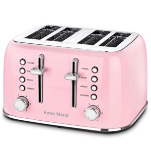 toaster 4 slice, roter mond retro stainless steel toaster with extra wide slots bagel, defrost, reheat function, dual independent control panel, removable crumb tray, 6 browning levels, pink