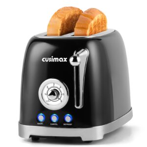 cusimax toaster 2 slice with extra wide slots for bagels, stainless steel toaster with 6 toast settings and 4 functions, bagel, cancel, defrost & reheat, removable crumb tray, retro toaster black