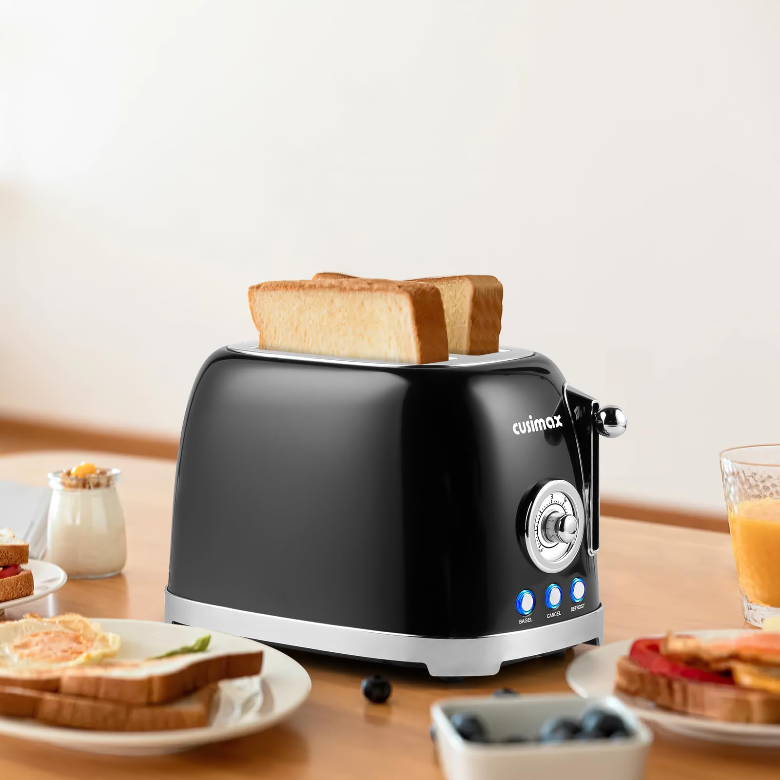 CUSIMAX Toaster 2 Slice with Extra Wide Slots for Bagels, Stainless Steel Toaster with 6 Toast Settings and 4 Functions, Bagel, Cancel, Defrost & Reheat, Removable Crumb Tray, Retro Toaster Black