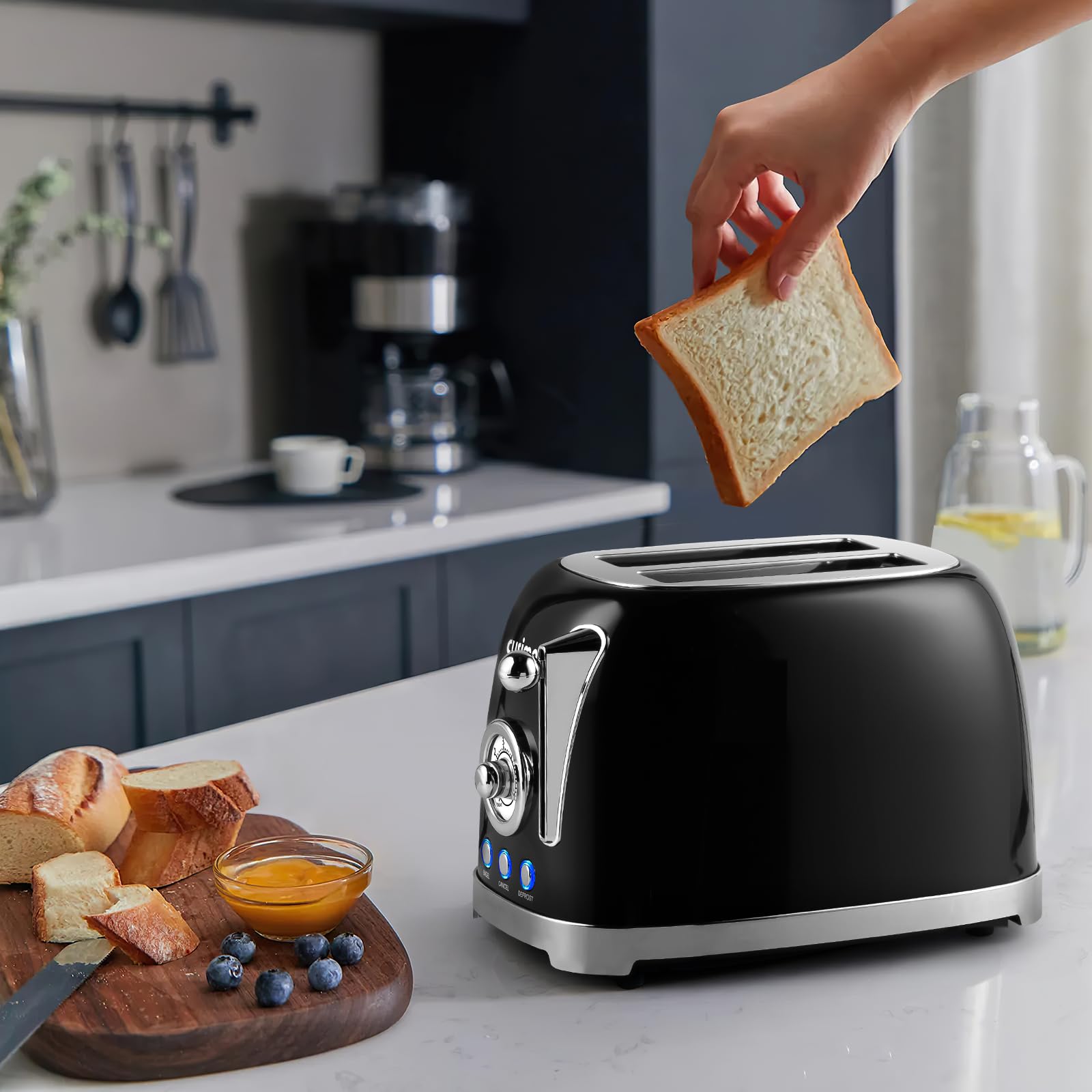 CUSIMAX Toaster 2 Slice with Extra Wide Slots for Bagels, Stainless Steel Toaster with 6 Toast Settings and 4 Functions, Bagel, Cancel, Defrost & Reheat, Removable Crumb Tray, Retro Toaster Black