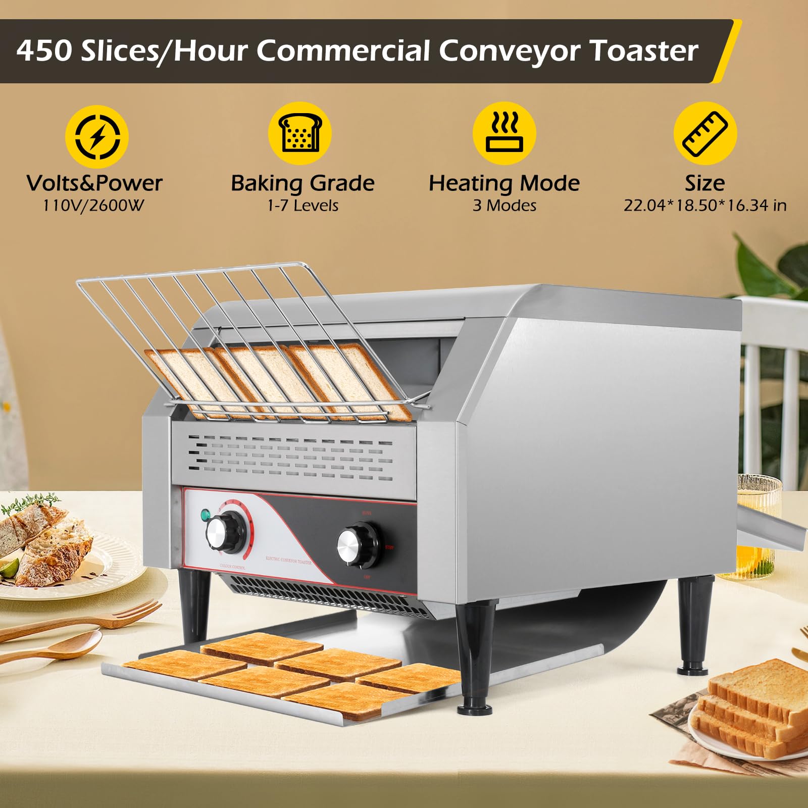 Dyna-Living Commercial Toaster 450 Slices/Hour Conveyor Toaster Heavy Duty Commercial Toaster for Restaurant 2600W Conveyor Belt Toaster Oven for Bagel Bread