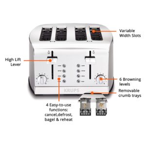 Krups Toaster Stainless Steel Toaster 4 Slice 4 Functions, Cancel, Bagel, Reheat, Defrost, 1500 watts 6 Shade Settings, Removable Crumb Tray