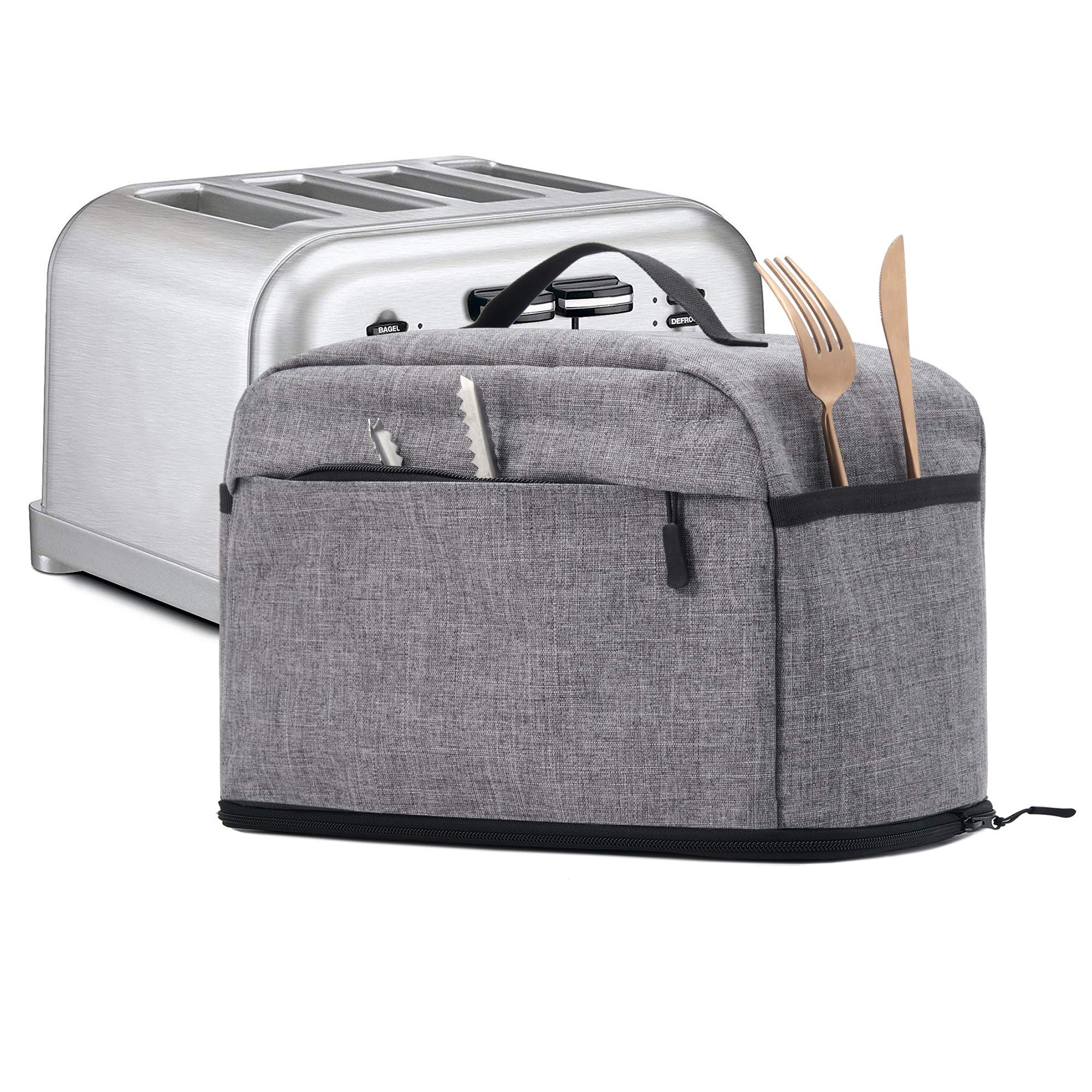 VOSDANS 4 Slice Toaster Cover with Removable Bottom 2-in-1 Toaster Bag with Pockets Toaster Storage Bag with Handle, Dust and Fingerprint Protection, Machine Washable, Gray (Patent Design)