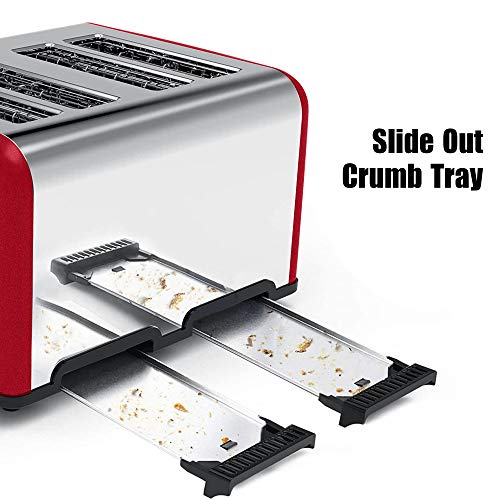 Toaster 4 Slice, KitchMix Bagel Stainless Toaster with LCD Timer, Extra Wide Slots, Dual Screen, Removal Crumb Tray (Red)