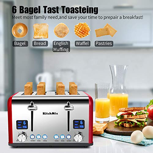 Toaster 4 Slice, KitchMix Bagel Stainless Toaster with LCD Timer, Extra Wide Slots, Dual Screen, Removal Crumb Tray (Red)