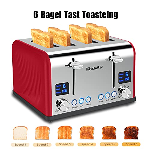 Toaster 4 Slice, KitchMix Bagel Stainless Toaster with LCD Timer, Extra Wide Slots, Dual Screen, Removal Crumb Tray (Red)