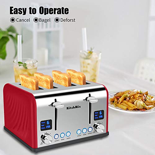 Toaster 4 Slice, KitchMix Bagel Stainless Toaster with LCD Timer, Extra Wide Slots, Dual Screen, Removal Crumb Tray (Red)