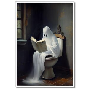 wodkodnxy vintage cute ghost on toliet reading books canvas wall, art funny gothic aesthetic posters, horror halloween pictures, spooky dark academia wall decor for washroom bathroom 12x16in unframed