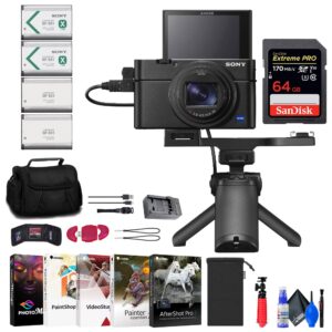 sony cyber-shot dsc-rx100 vii digital camera with shooting grip kit (dsc-rx100m7g) + 64gb memory card + case + 2 x np-bx1 battery + card reader + led light + corel photo software + more (renewed)