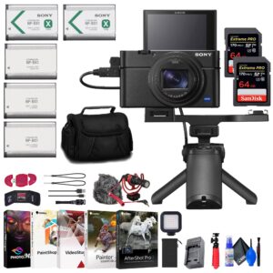 sony cyber-shot dsc-rx100 vii digital camera with shooting grip kit (dsc-rx100m7g) + 2 x 64gb card + case + 3 x np-bx1 battery + card reader + led light + corel photo software + more (renewed)