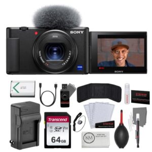 sony zv-1 digital camera | black bundled with 64gb memory card + photo starter kit (11 pieces) + battery charger for sony np-bx1 + microfiber cleaning cloth (5 items)