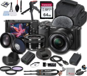 sony zv-e10 mirrorless camera with 16-50mm lens 64gb memory, wide and telephoto lenses, case. filters hood, grip, & more-pro bundle