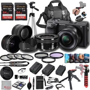 sony a6400 mirrorless camera with 16-50mm lens, 128gb extreem speed memory,.43 wide angle & 2x lenses, case,tripod, filters, hood, grip,spare battery & charger,editing software kit -deluxe bundle