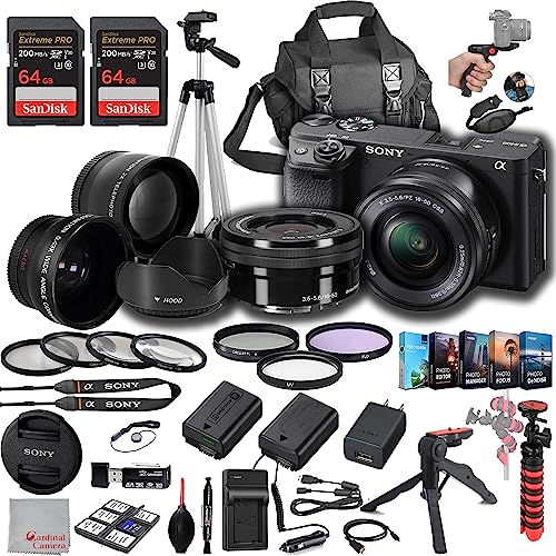 Sony a6400 Mirrorless Camera with 16-50mm Lens, 128GB Extreem Speed Memory,.43 Wide Angle & 2X Lenses, Case,Tripod, Filters, Hood, Grip,Spare Battery & Charger,Editing Software Kit -Deluxe Bundle