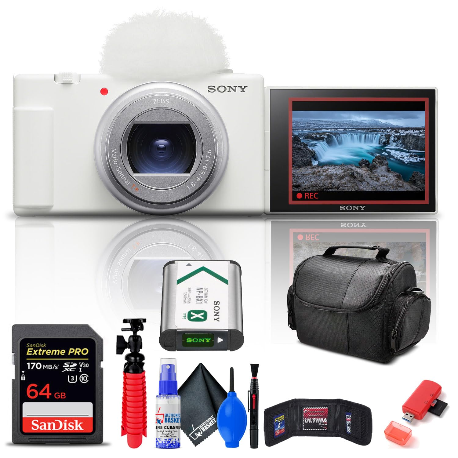 Sony ZV-1 II Vlog Camera for Content Creators and Vloggers (White) (ZV-1M2/W) + 64GB Memory Card + Card Reader + Deluxe Soft Bag + Flex Tripod + Memory Wallet + Cleaning Kit (Renewed)