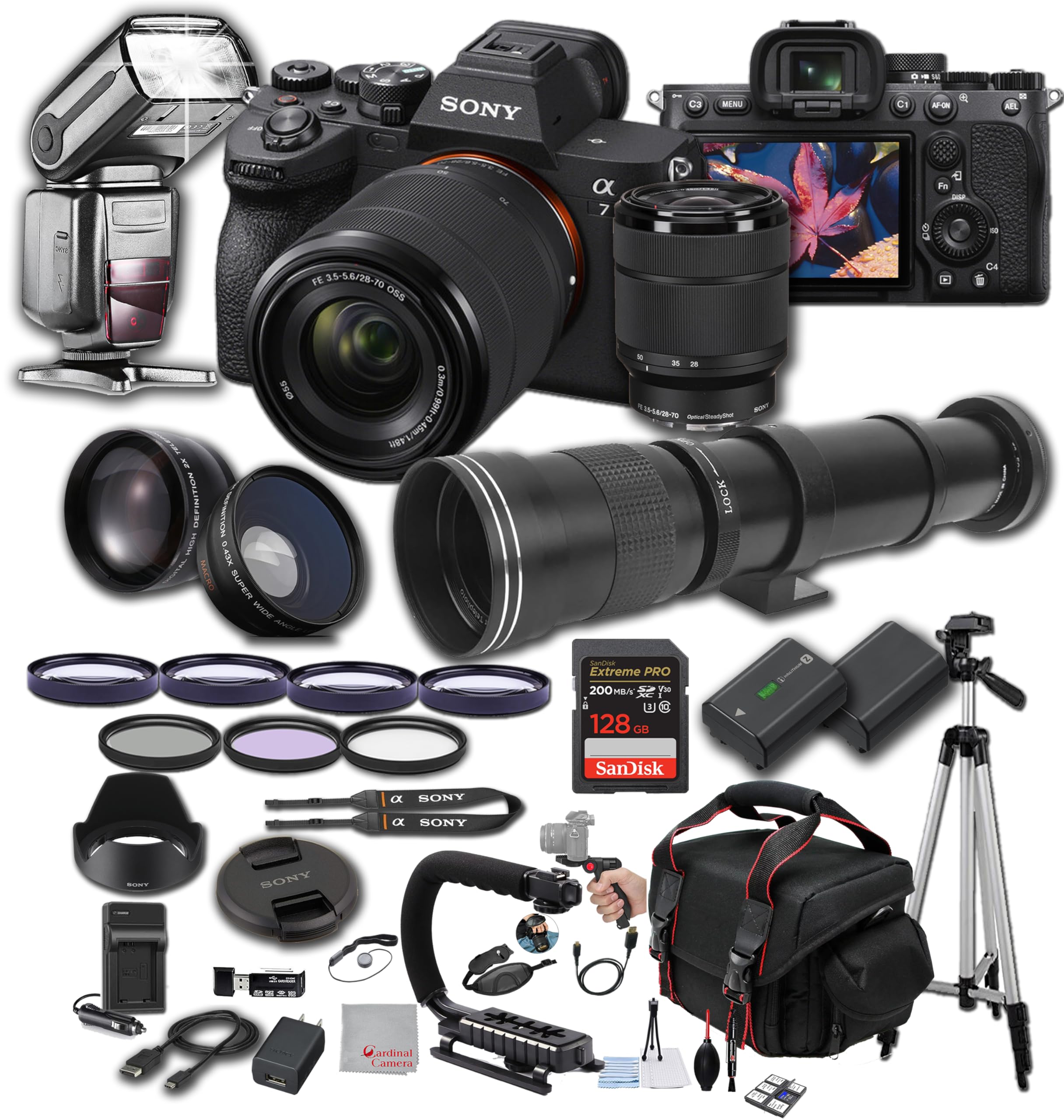 Sony A7 IV w/ 28-70mm Lens, 128GB Extreme Memory, 420-800mm Super Telephoto Lens, TTL Pro Flash, Filters, Lenses, Case Tripod, and More – Extreme Photo Bundle (42pc Bundle)