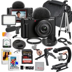 sony zv-1f content creator's ultimate kit: 128gb extreme memory, mic, video light, editing software u-grip, and tripod bundle (21pc)